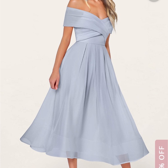 Azazie | Dresses | Azazie Light Blue Offtheshoulder Midi Dress | Poshmark